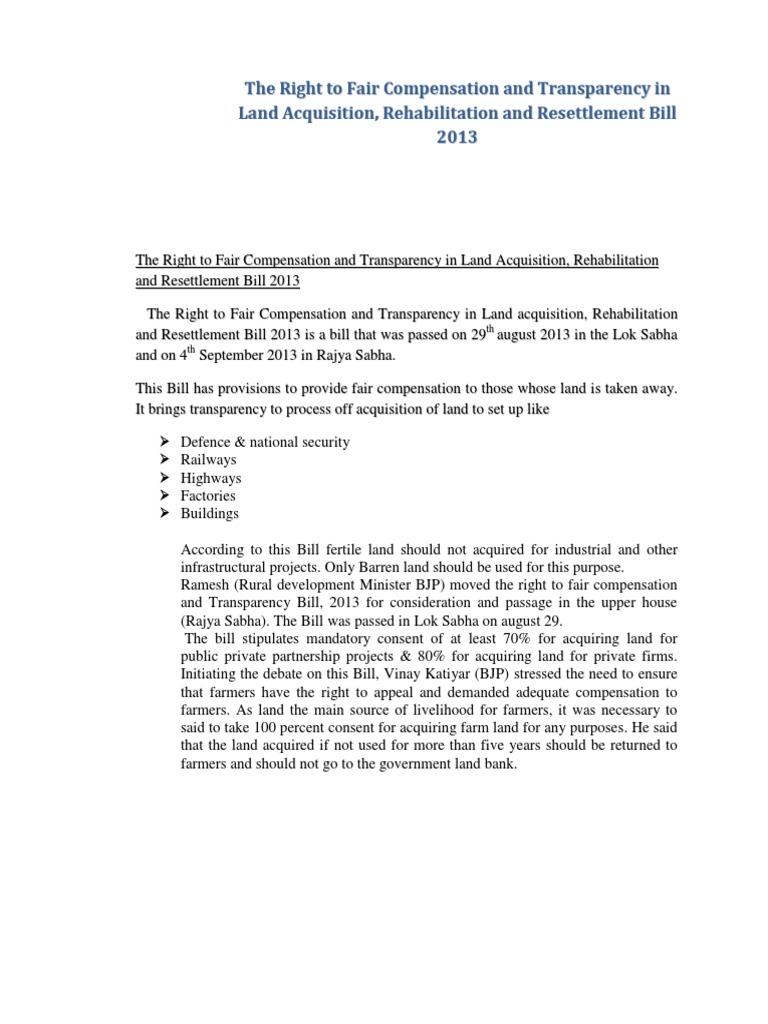 Right to Fair Compensation Bill 2013 | PDF | Finance & Money Management ...