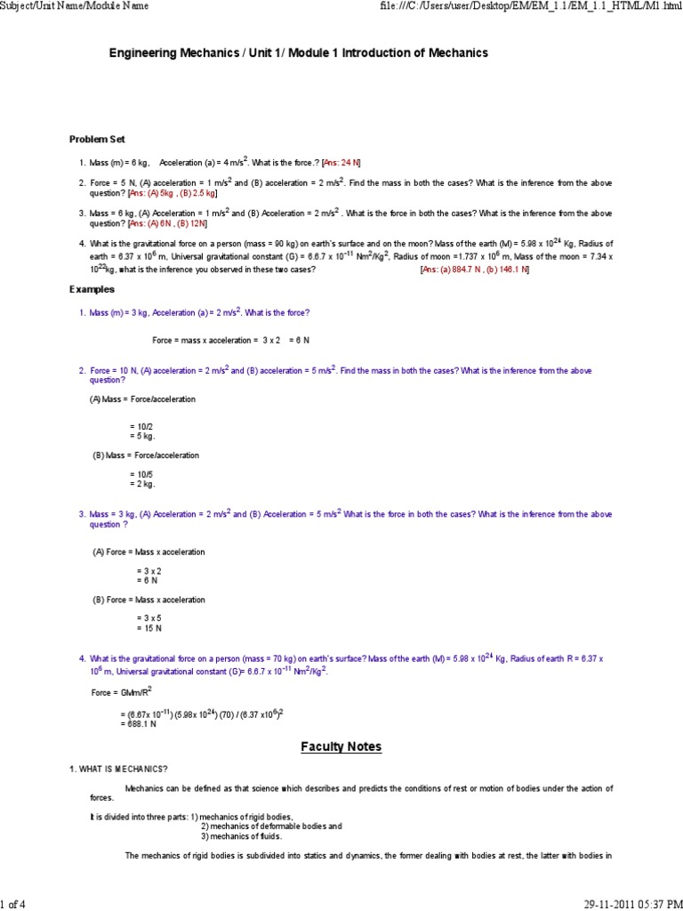 Engineering Mechanics / Unit 1/ Module 1 Introduction of Mechanics ...