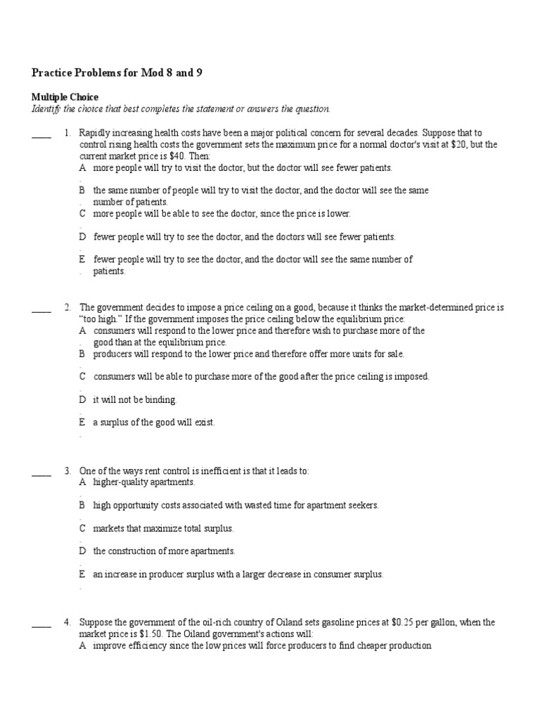 AP Econ Practice Prob Mod 8 and 9 | PDF | Economic Surplus | Shortage