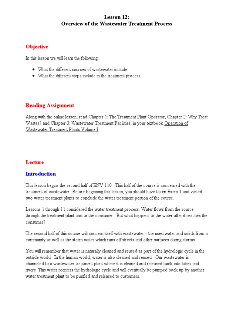 Lesson 12 - Overview of The Wastewater Treatment Process | PDF | Sewage ...