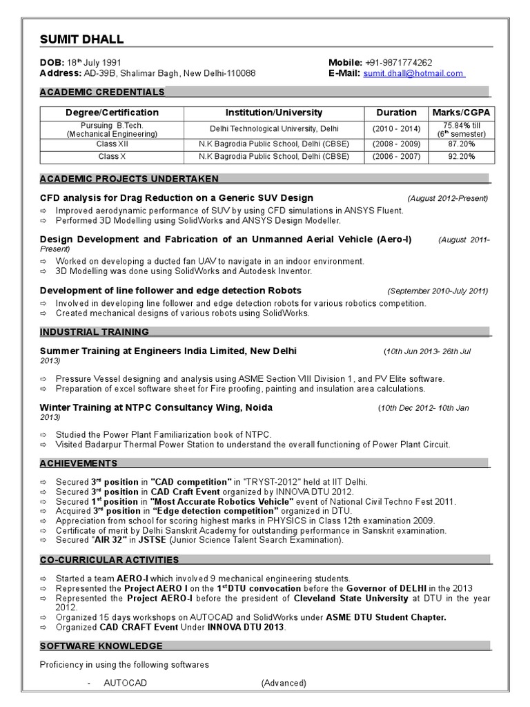 CV Sumit Dhall | PDF | Autodesk | Mechanical Engineering