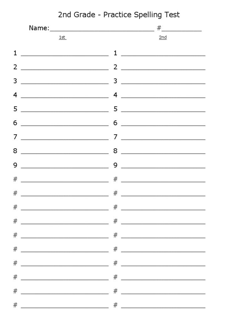 2nd Grade - Practice Spelling Test: Name: - # | PDF