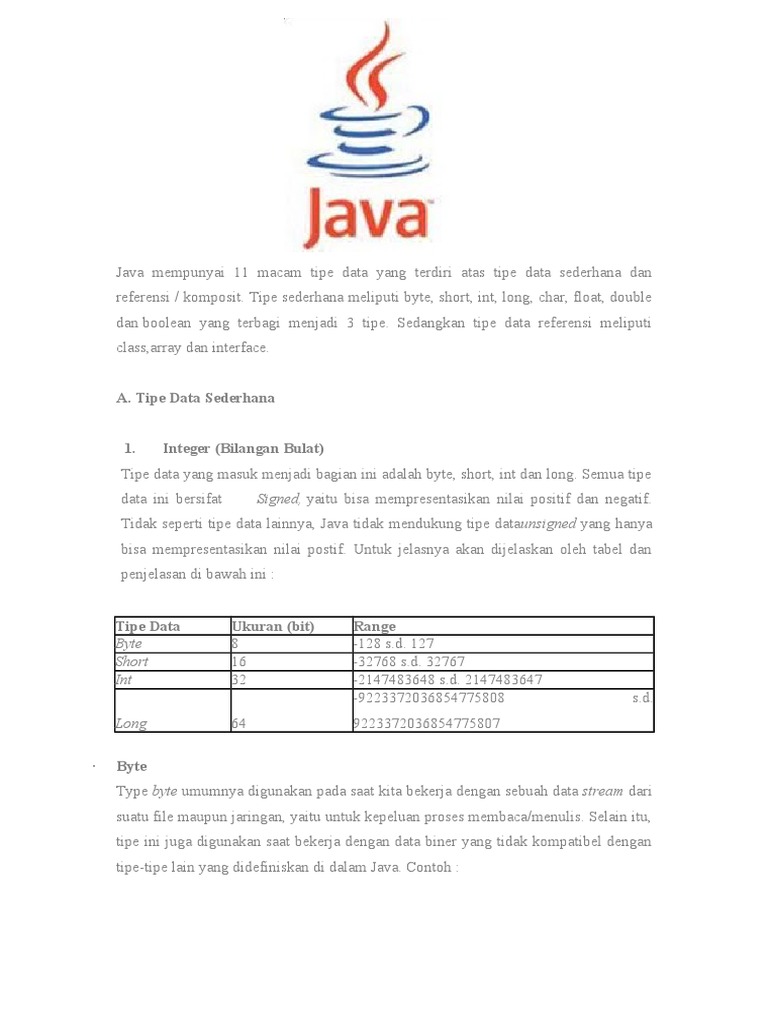 Java Mempunyai 11 Macam Tipe Data Yang Terdiri Atas Tipe Data Sederhana ...