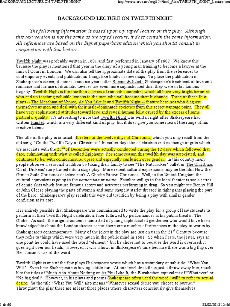 Background Lecture On Twelfth Night | PDF | Twelfth Night
