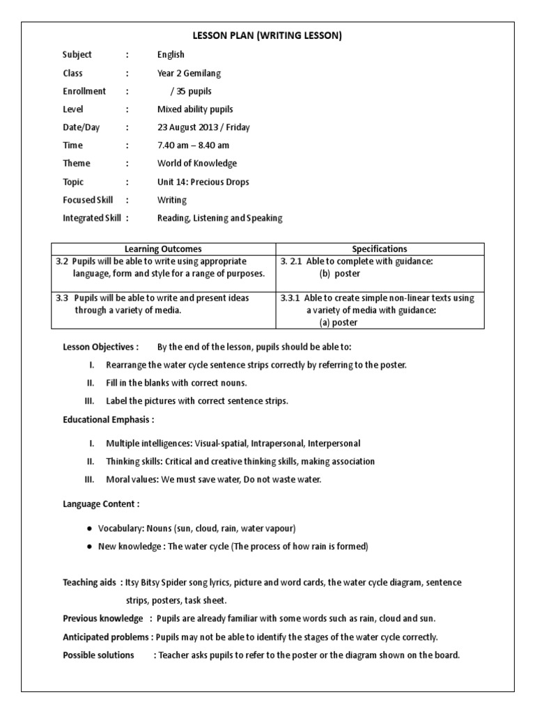 LESSON PLAN Writing Water Cycle | PDF | Lesson Plan | Pedagogy