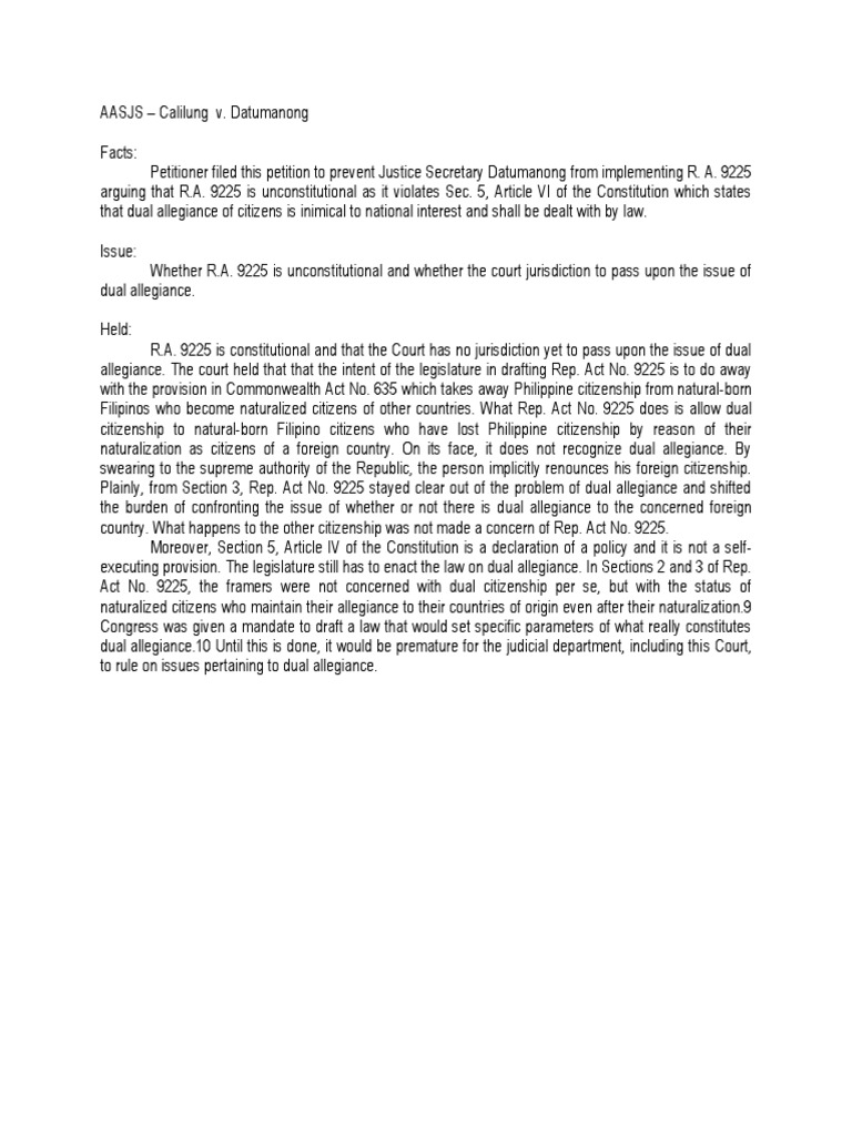 Calilung vs. Datumanong | PDF | Naturalization | Oath Of Office