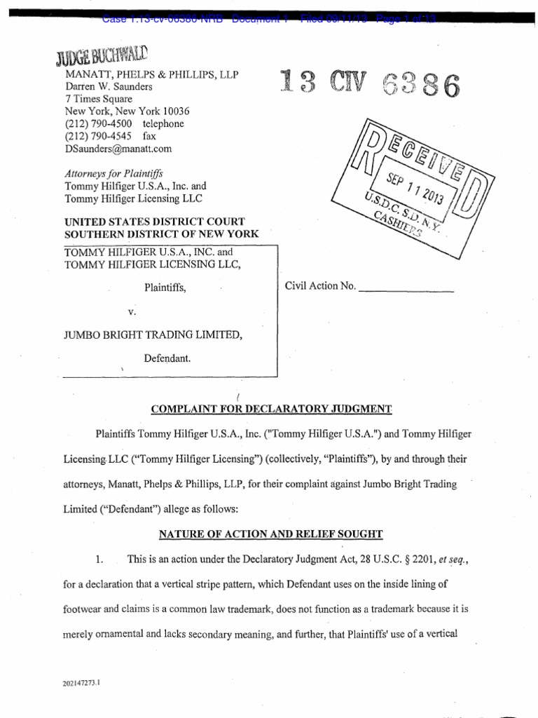 Tommy Hilfiger vs. Jumbo Trademark Dispute | PDF | Declaratory Judgment | Trademark