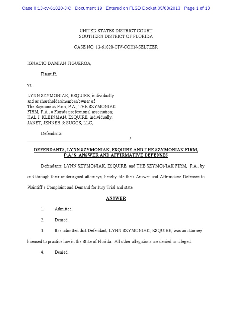 Answer and Affirmative Defenses in Figueroa v. Szymoniak | Download ...