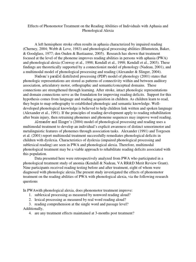 Effects of Phonomotor Treatment On The Reading Abilities of Individuals ...
