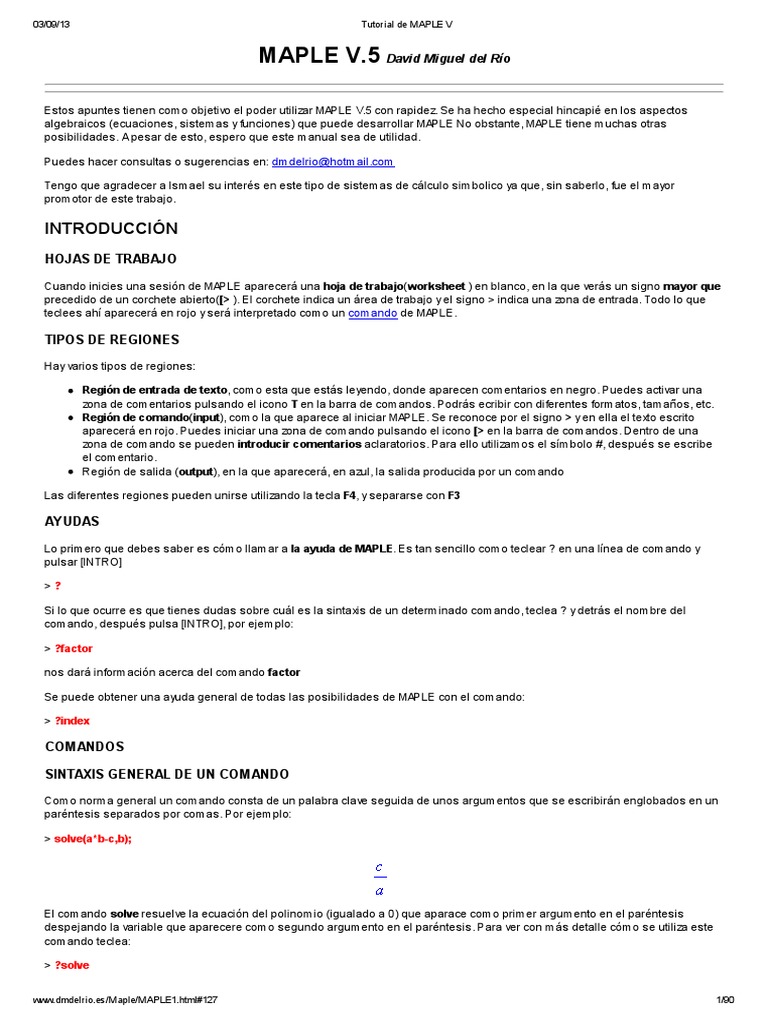 Tutorial de MAPLE V | PDF | Ecuaciones | División (Matemáticas)