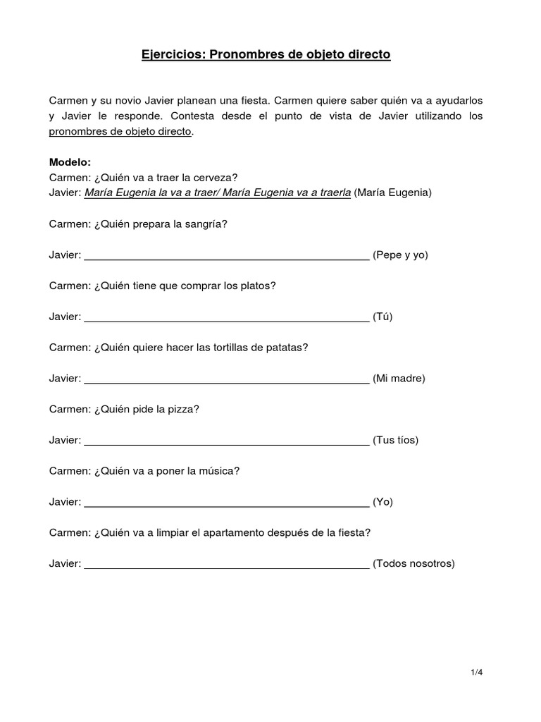 Ejercicios. Pronombre Objeto Directo Indirecto | PDF | Objeto ...
