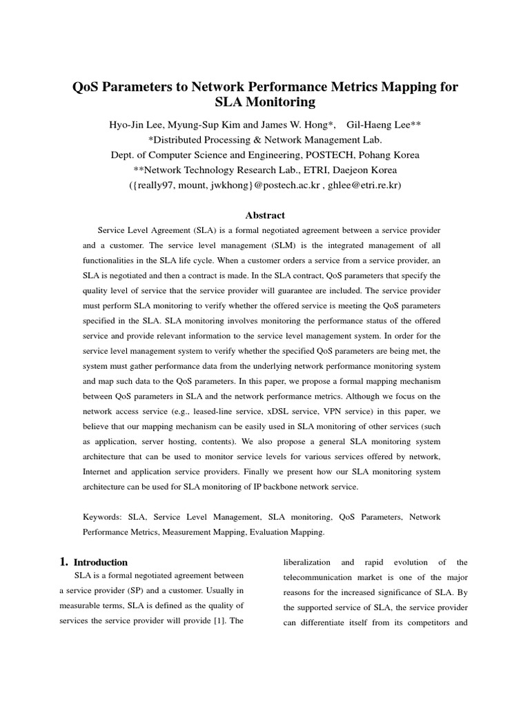 Qos Parameters To Network Performance Metrics Mapping For Sla Monitoring | PDF | Service Level ...