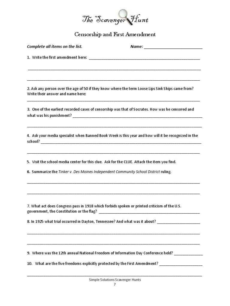 Censorship and First Amendment Scavenger Hunt | PDF | Freedom Of ...