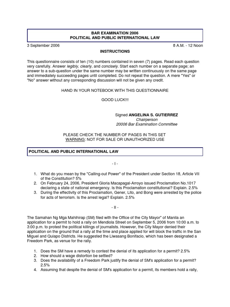 Bar Examination 2006 Political and Public International Law | PDF ...