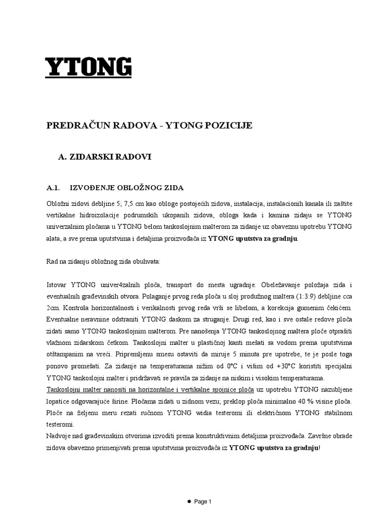 Opis Pozicija Ytong Zidova Za Predmer I Predracun Radova | PDF