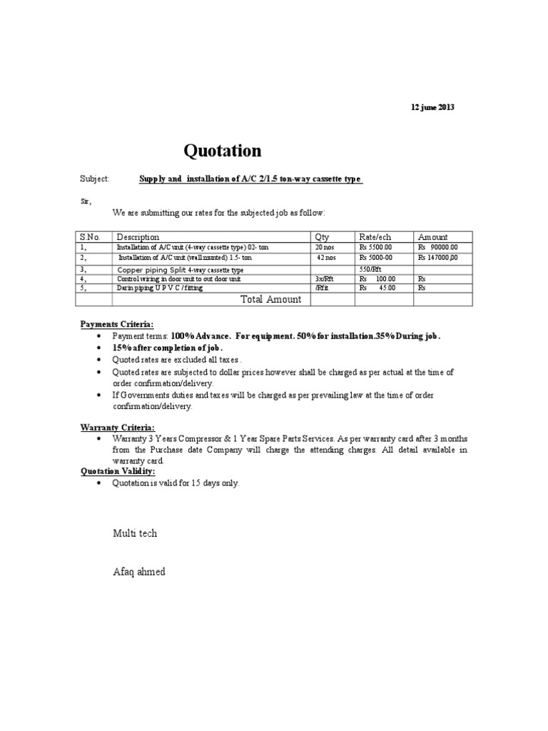 Quotation: Payments Criteria: 15% After Completion of Job | PDF | Home ...