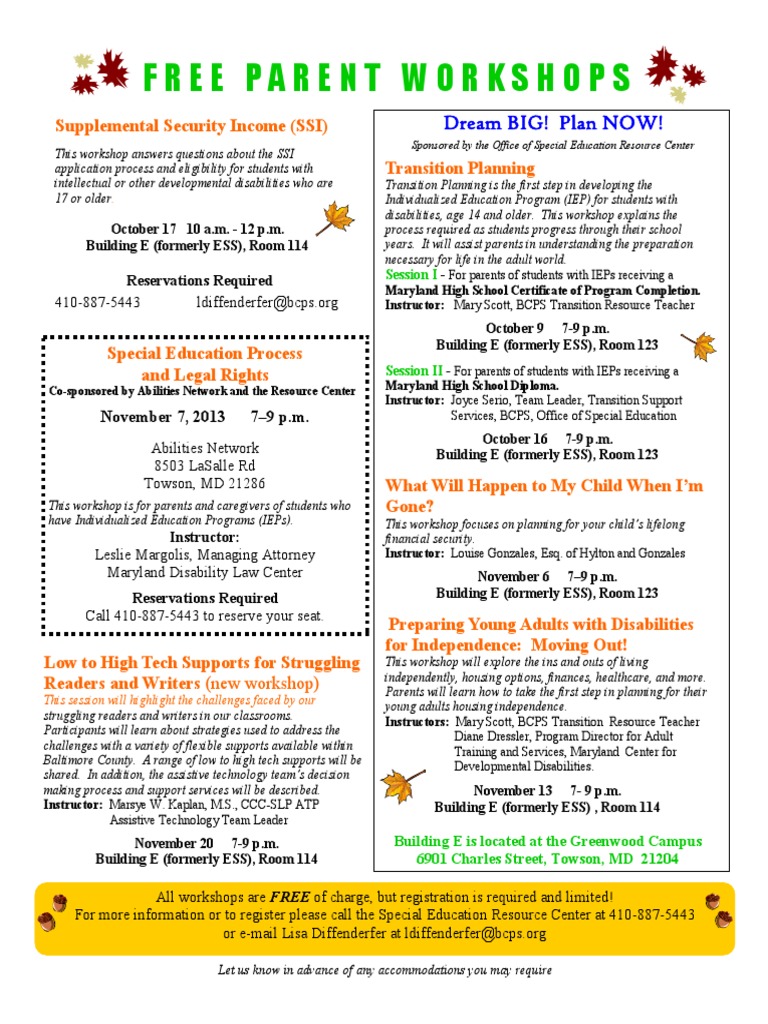 2013 FALL-Electronic Version Free Parent Workshops Flyer | PDF ...