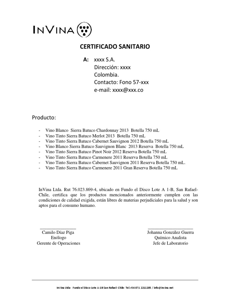 Certificado Sanitario Colombia | PDF