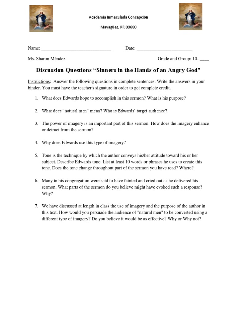 Sinners in The Hands of An Angry God Discussion Questions (Sustitucion ...