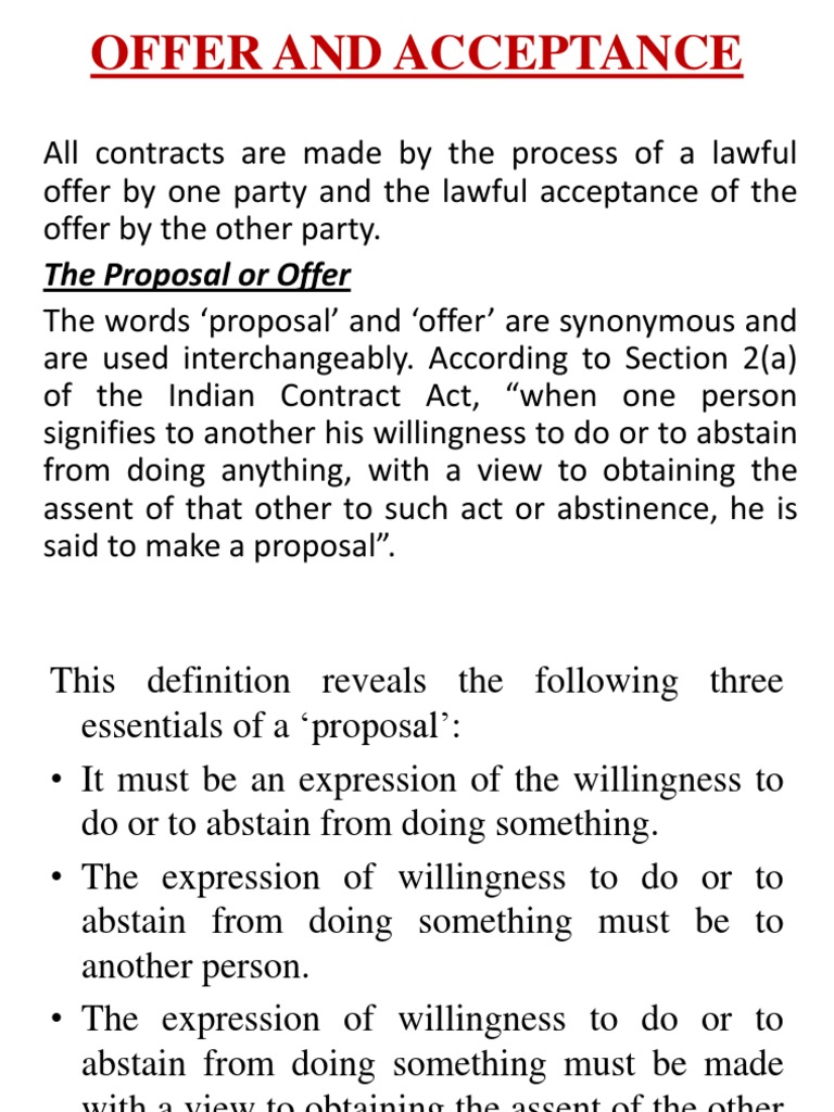 Offer and Acceptance: The Proposal or Offer | PDF