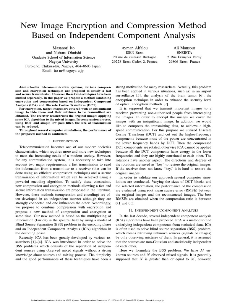 New Image Encryption and Compression Method Based On Independent Component Analysis | PDF | Data ...