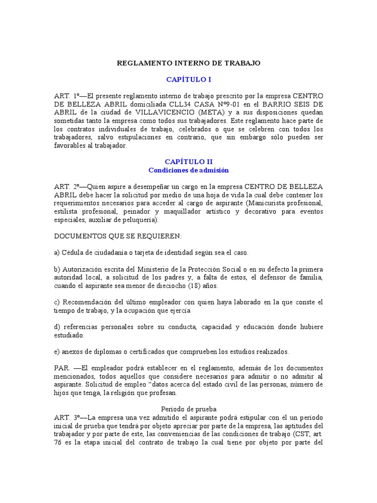 Reglamento Interno de Trabajo | Derecho laboral | Salario