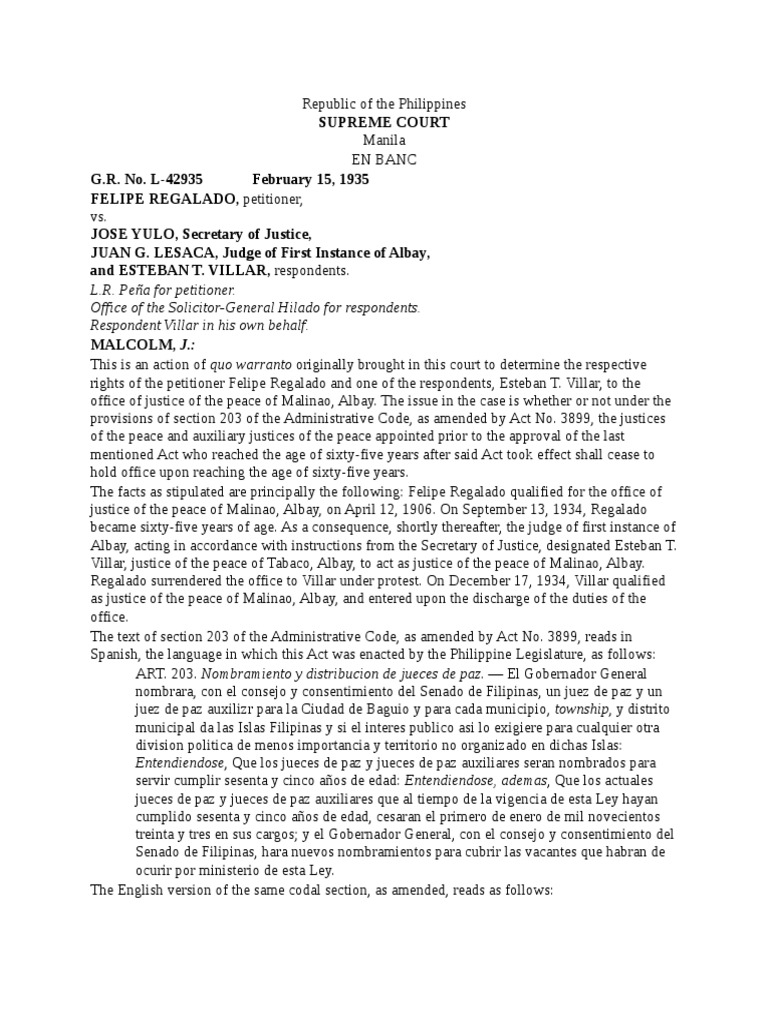 Regalado Vs Yulo | Download Free PDF | Justice Of The Peace | Judge