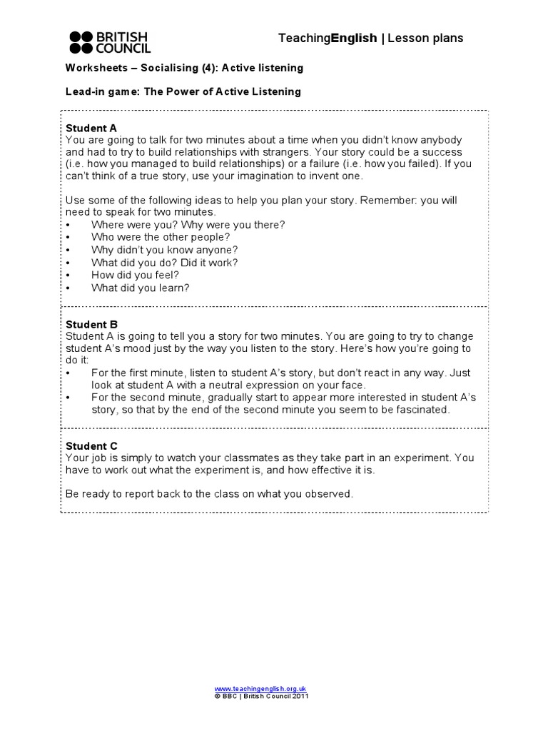 Socialising 4 Active Listening Worksheets | PDF | Lesson Plan