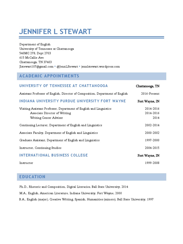 Jennifer Stewart Curriculum Vitae 2017 | PDF | Graduate School | Teachers