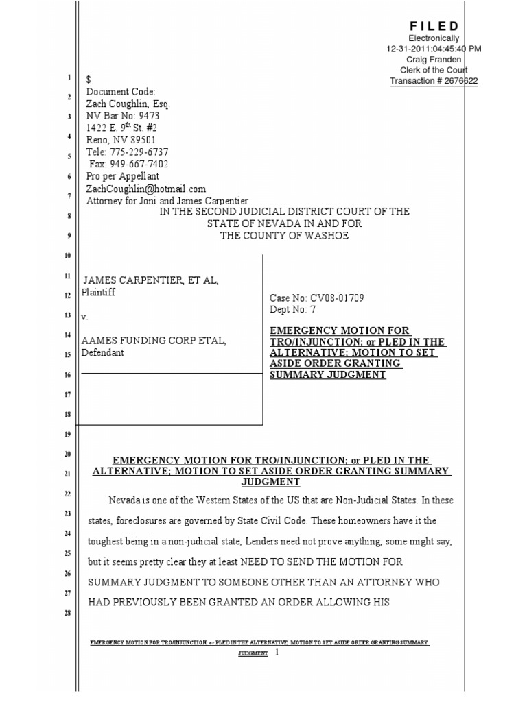 12 31 11 CV08-01709 Carpentier 0204 62337 EMERGENCY MOTION For For Tro ...