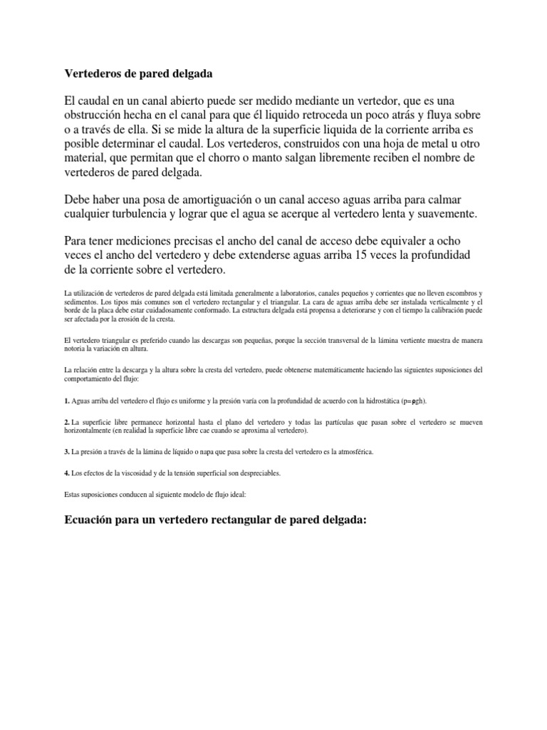 Vertederos de Pared Delgada | PDF | Descarga (hidrología) | Atmósfera
