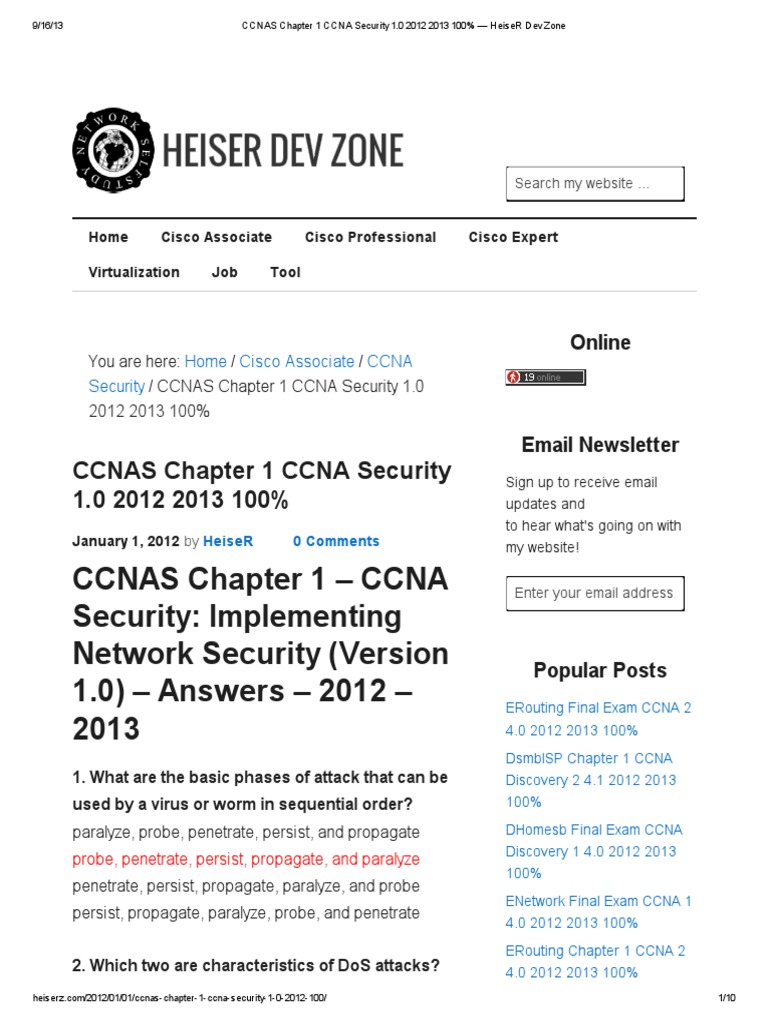 CCNAS Chapter 1 CCNA Security 1 | PDF | Cisco Certifications | Denial Of Service Attack