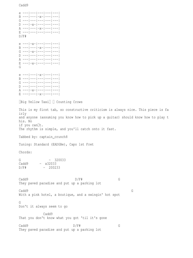 Big Yellow Taxi - Counting Crows | PDF | Parking Lot | Leisure