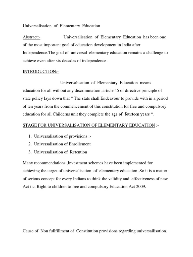 Universalisation of Elementary Education | PDF