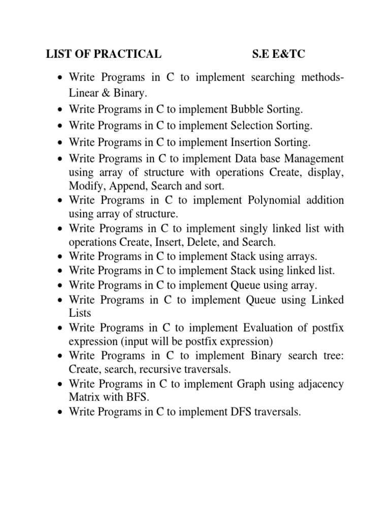 C Programming Practical Exercises List | PDF