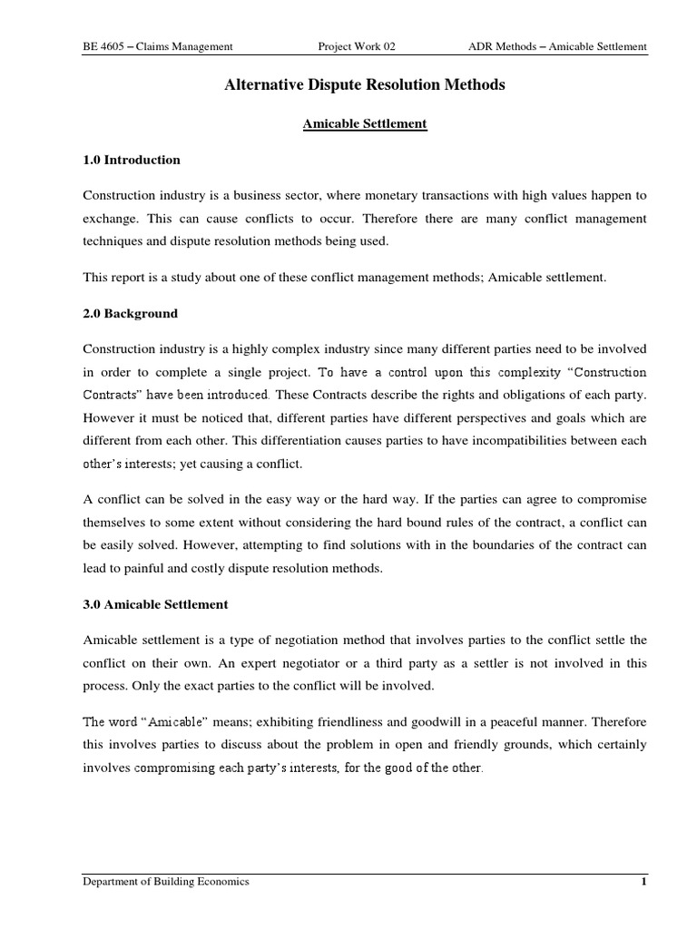 Amicable Settlement | Alternative Dispute Resolution | Arbitration