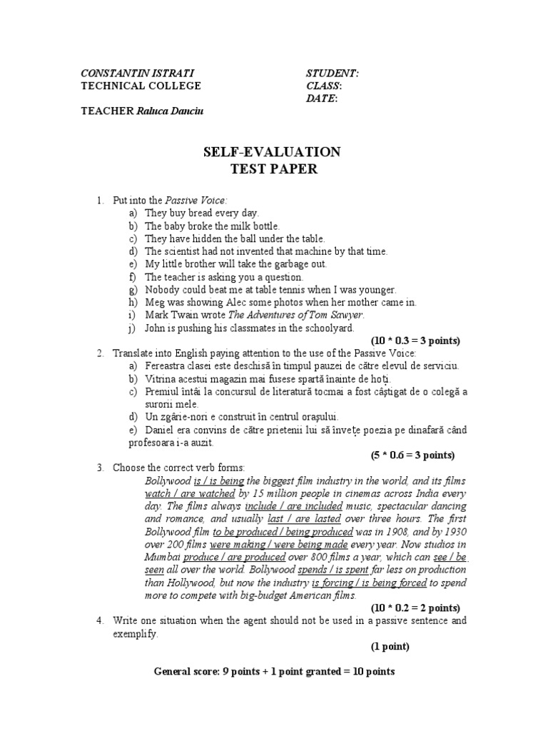 Self-Evaluation Test Paper: Technical College TEACHER Raluca Danciu | PDF