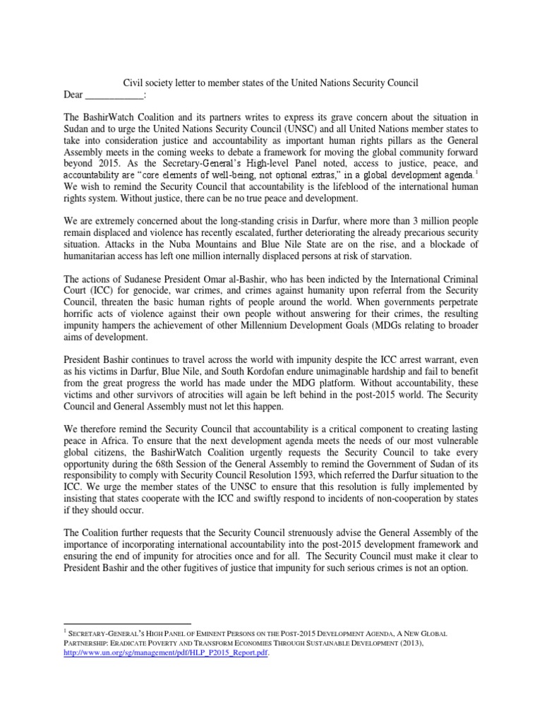 Bashir Watch UNSC Letter | PDF | United Nations Security Council | Sudan