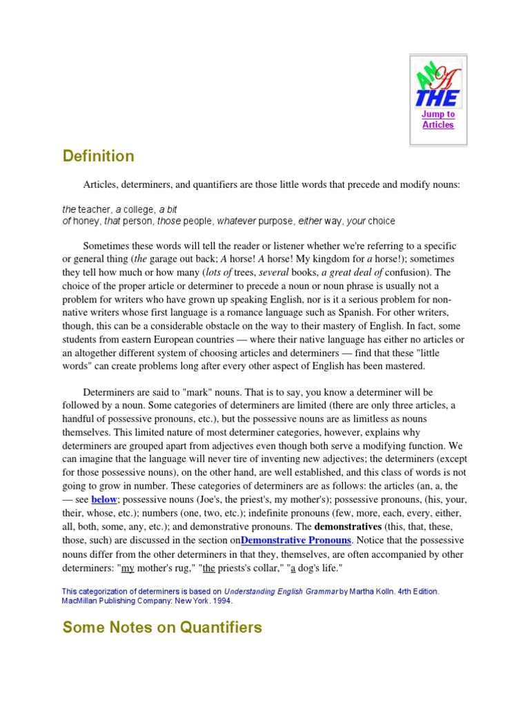 English Grammar - Articles, Determiners and Quantifiers | PDF | Noun ...