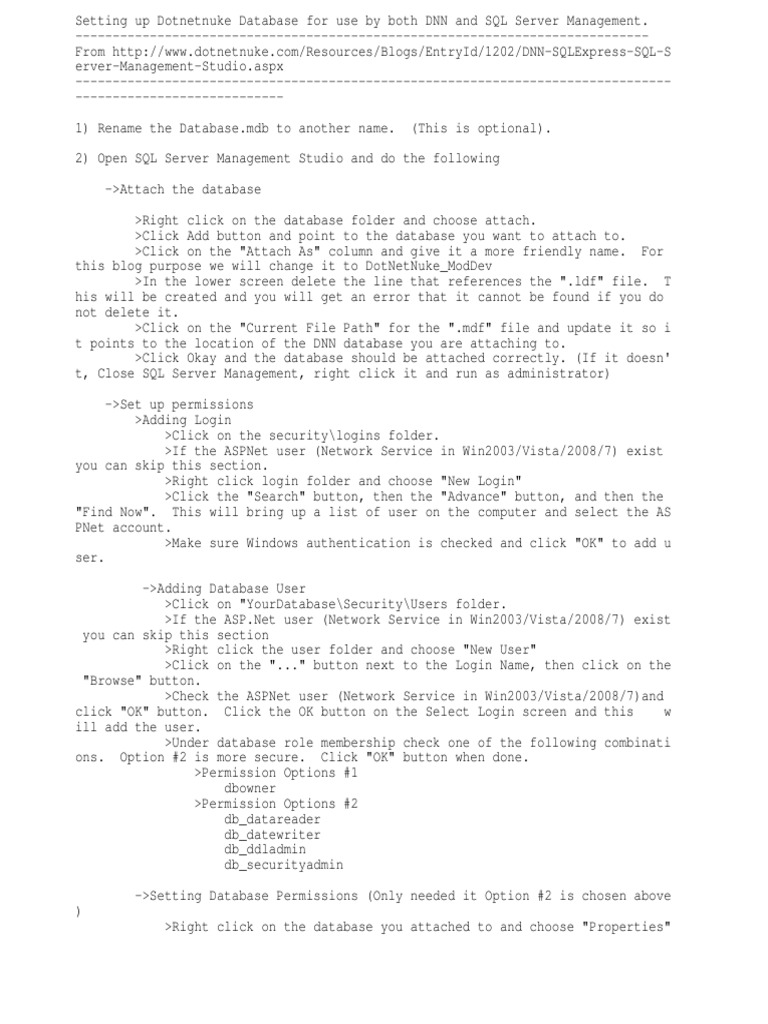 Dotnetnuke (DNN) Database Setup Instructions | PDF | Dot Net Nuke | Databases