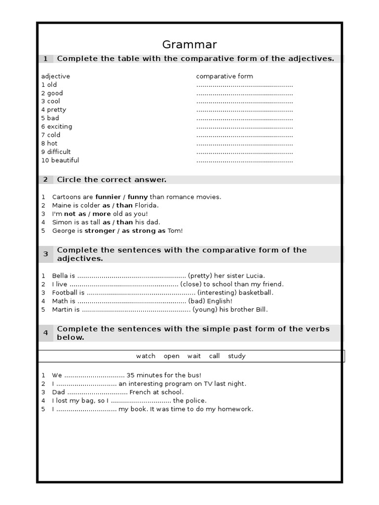 Grammar: Complete The Table With The Comparative Form of The Adjectives ...