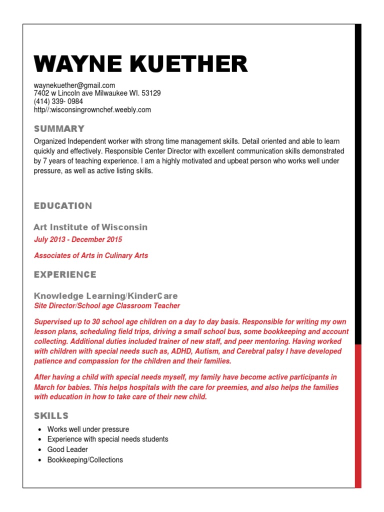 Culinary Arts Educator & Center Director | PDF | Career & Growth