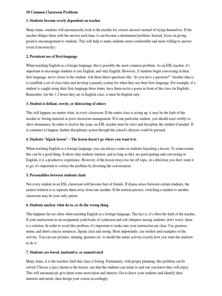 10 Common Classroom Problems | PDF | English As A Second Or Foreign ...