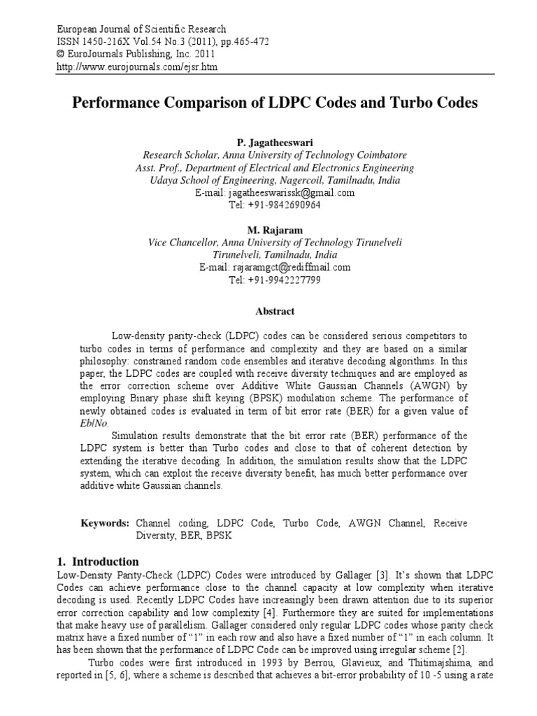 Performance Comparison of LDPC Codes and Turbo Codes | PDF | Low ...