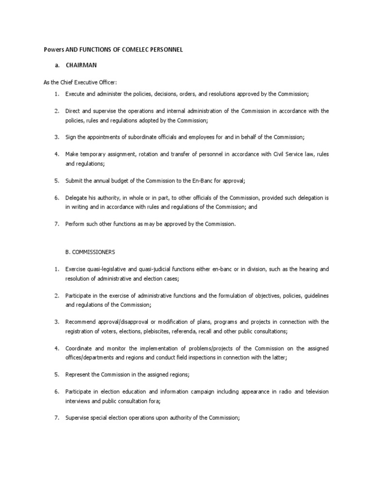 Powers And Functions Of Comelec Personnel PDF Elections