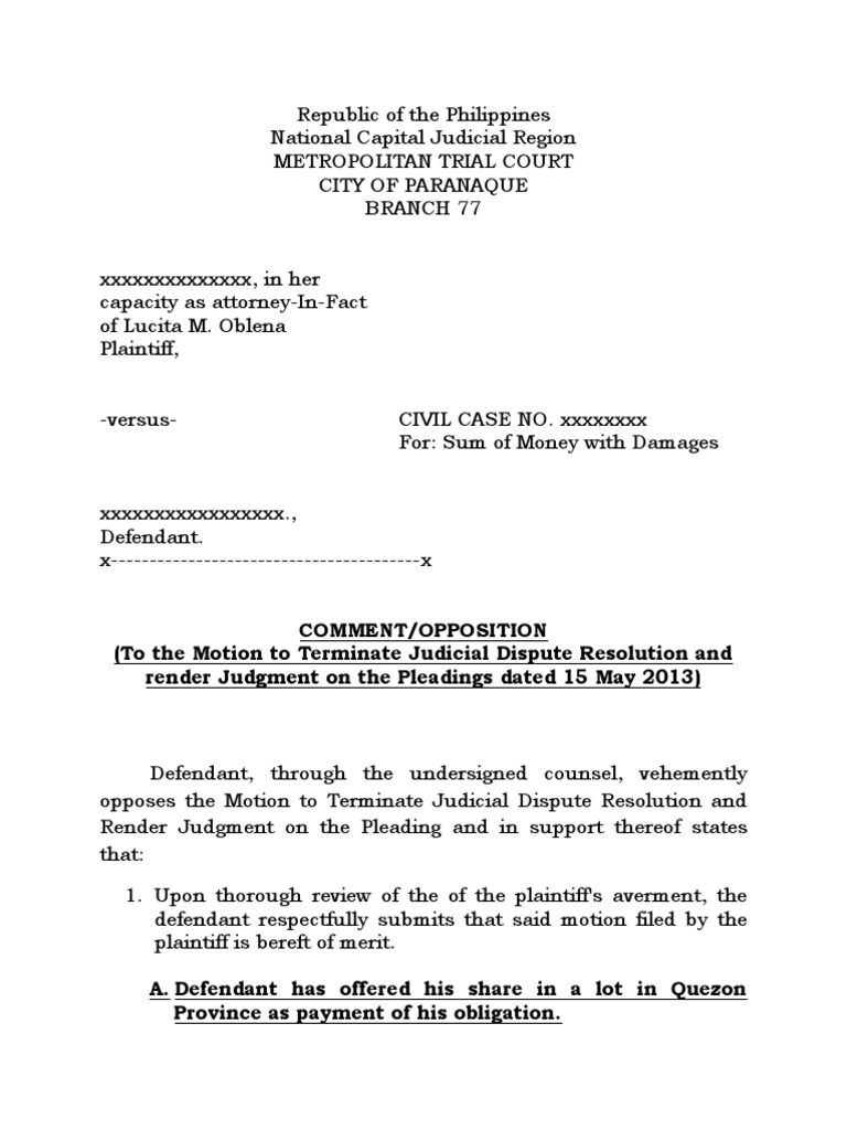 Opposition to terminate Judicial dispute resolution | Pleading | Lawsuit