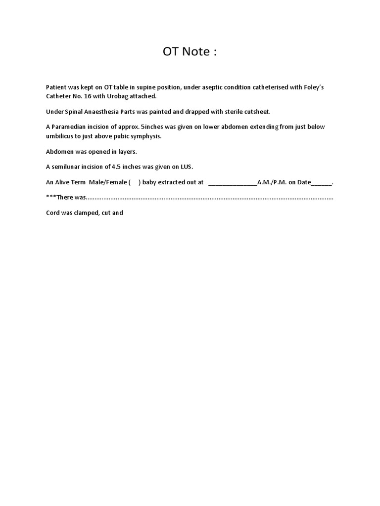 OT Note: Baby Delivered Via C-Section | PDF