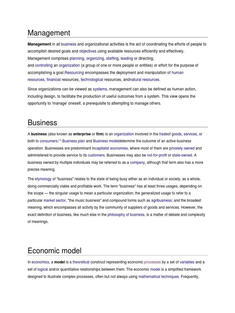 Management, Business, and Economic Models: A Summary of Key Concepts ...