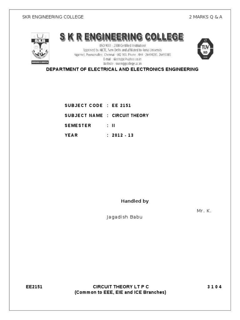 Circuit Theory 2-Marks | PDF | Series And Parallel Circuits | Inductor
