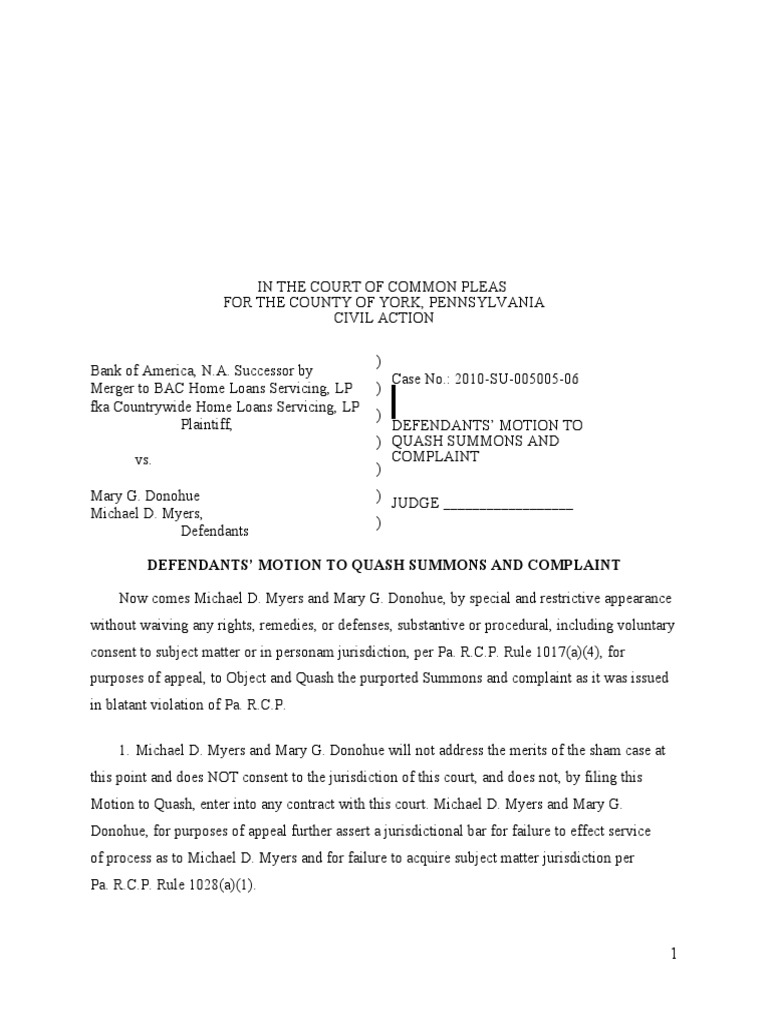 Sample Motion2Quash | Service Of Process | Summons
